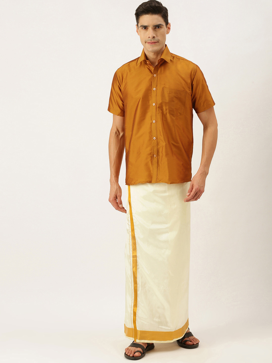 Buy THANGAMAGAN Men Mustard & Off White Solid Shirt With Vesthi ...