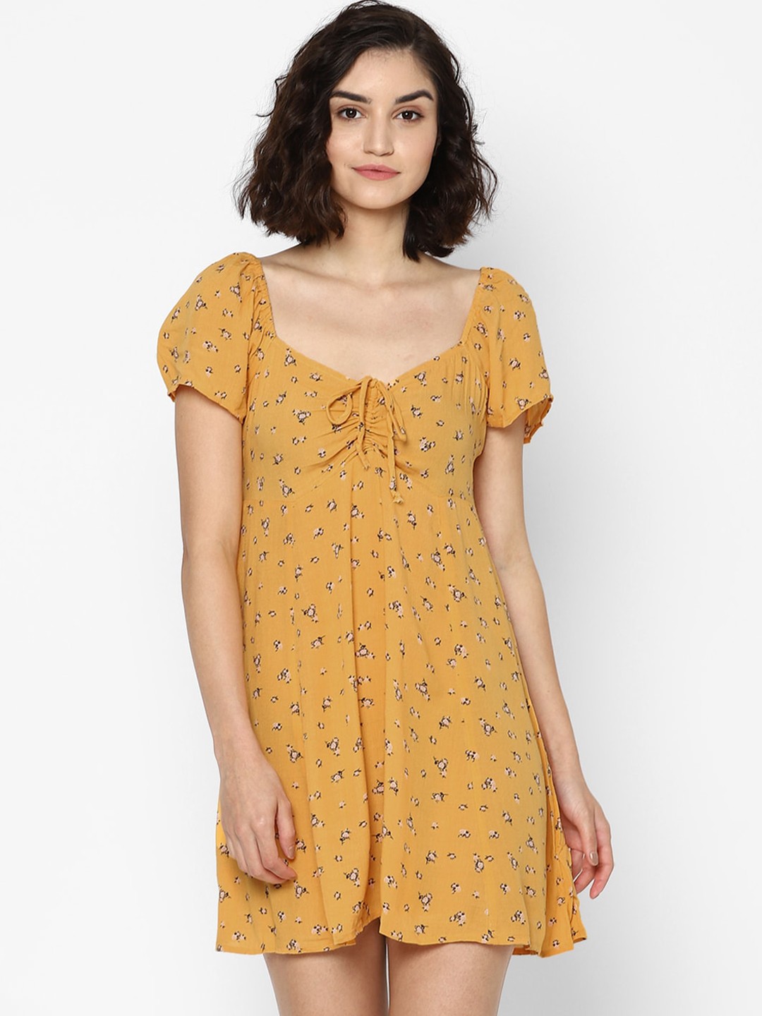 Buy American Eagle Outfitters Yellow Floral Tie Up Neck A Line Mini