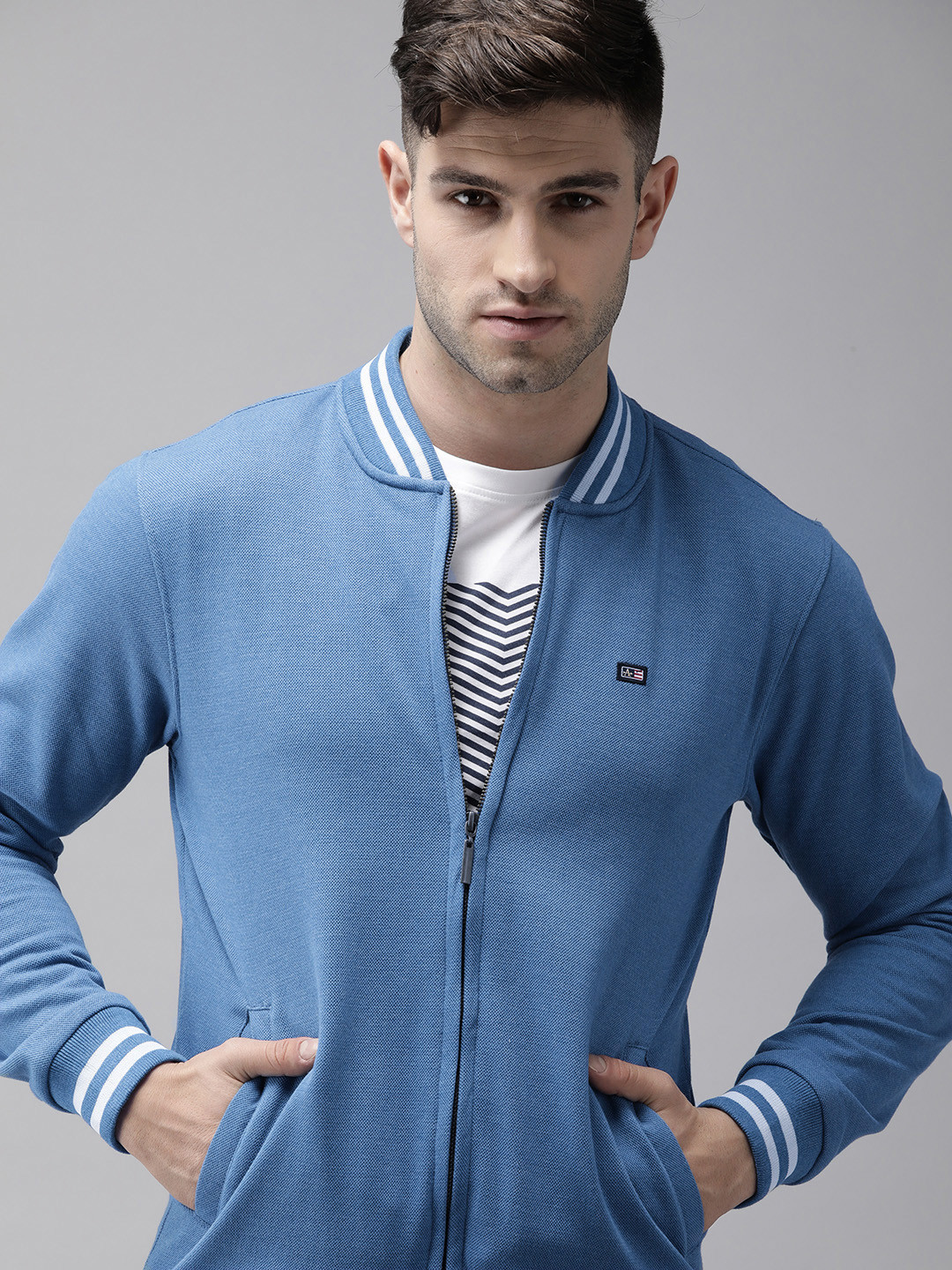 Buy Arrow Men Blue Solid Varsity Jacket - Jackets for Men 15734274 | Myntra