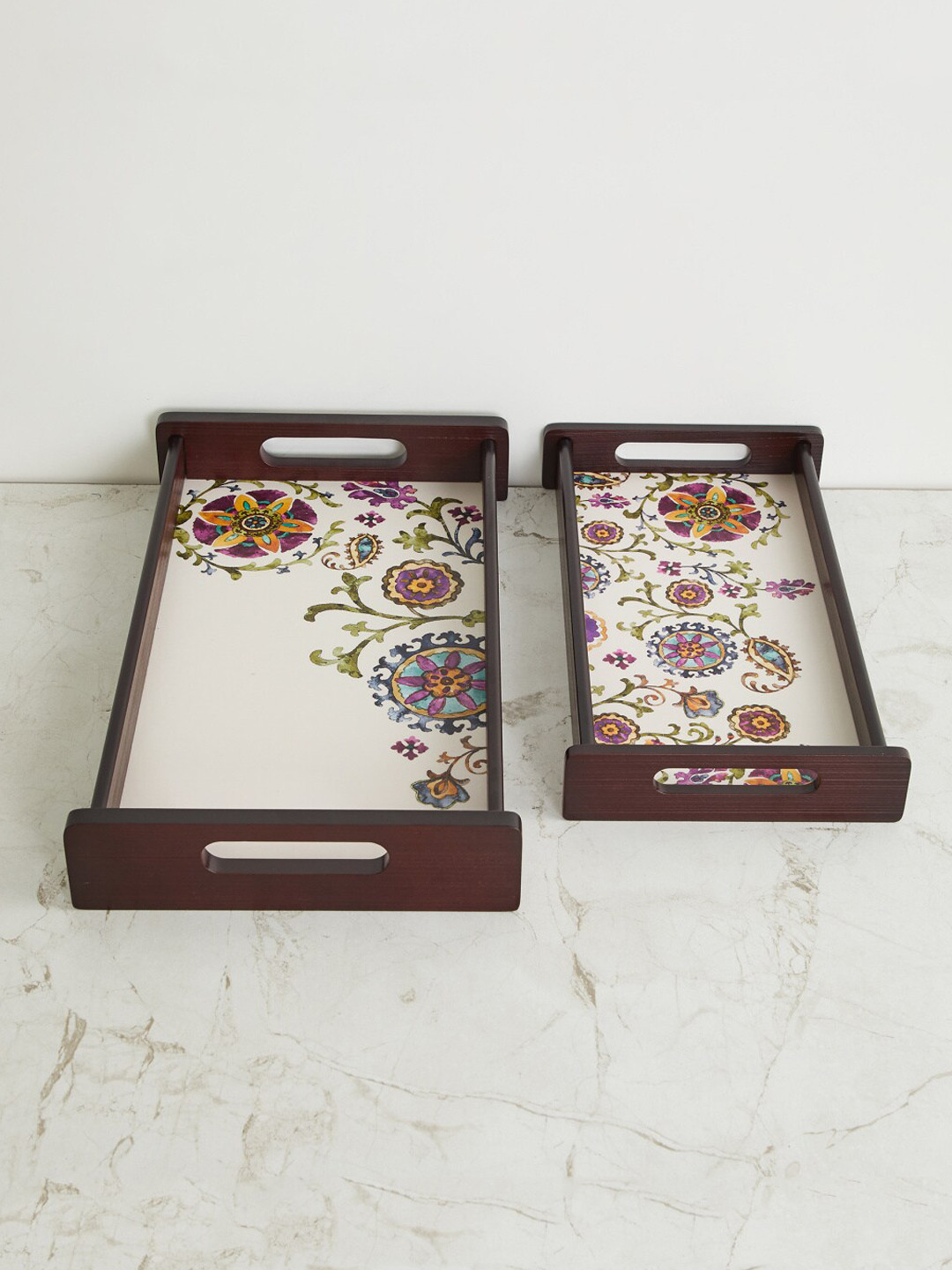 Buy Home Centre Brown Set Of 2 Wooden Printed Serving Trays - Serving ...