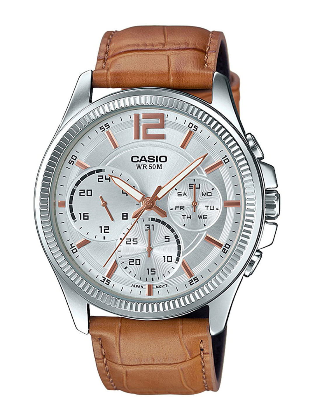 Buy CASIO Men White Dial & Brown Textured Leather Straps Analogue Watch ...