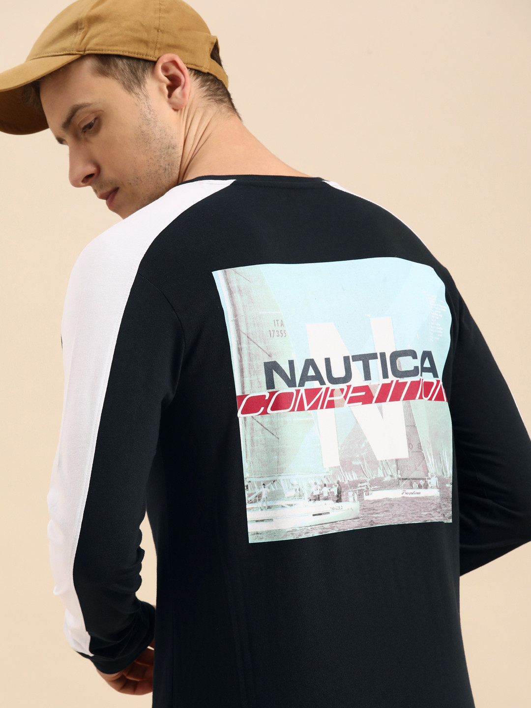 Buy Nautica Men Navy Blue Typography Print Round Neck Pure Cotton T ...
