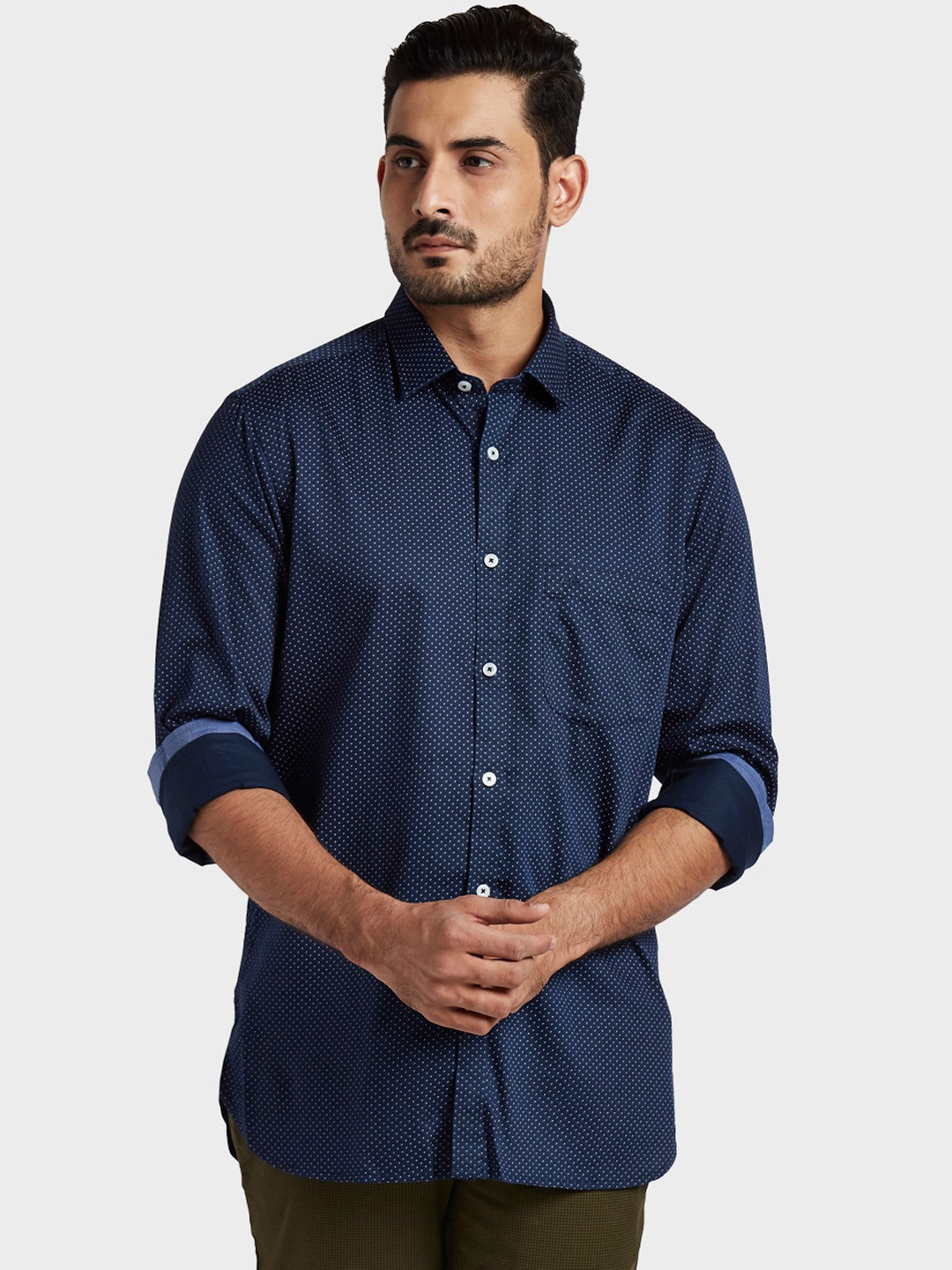 Buy ColorPlus Men Navy Blue Tailored Fit Opaque Printed Casual Shirt ...