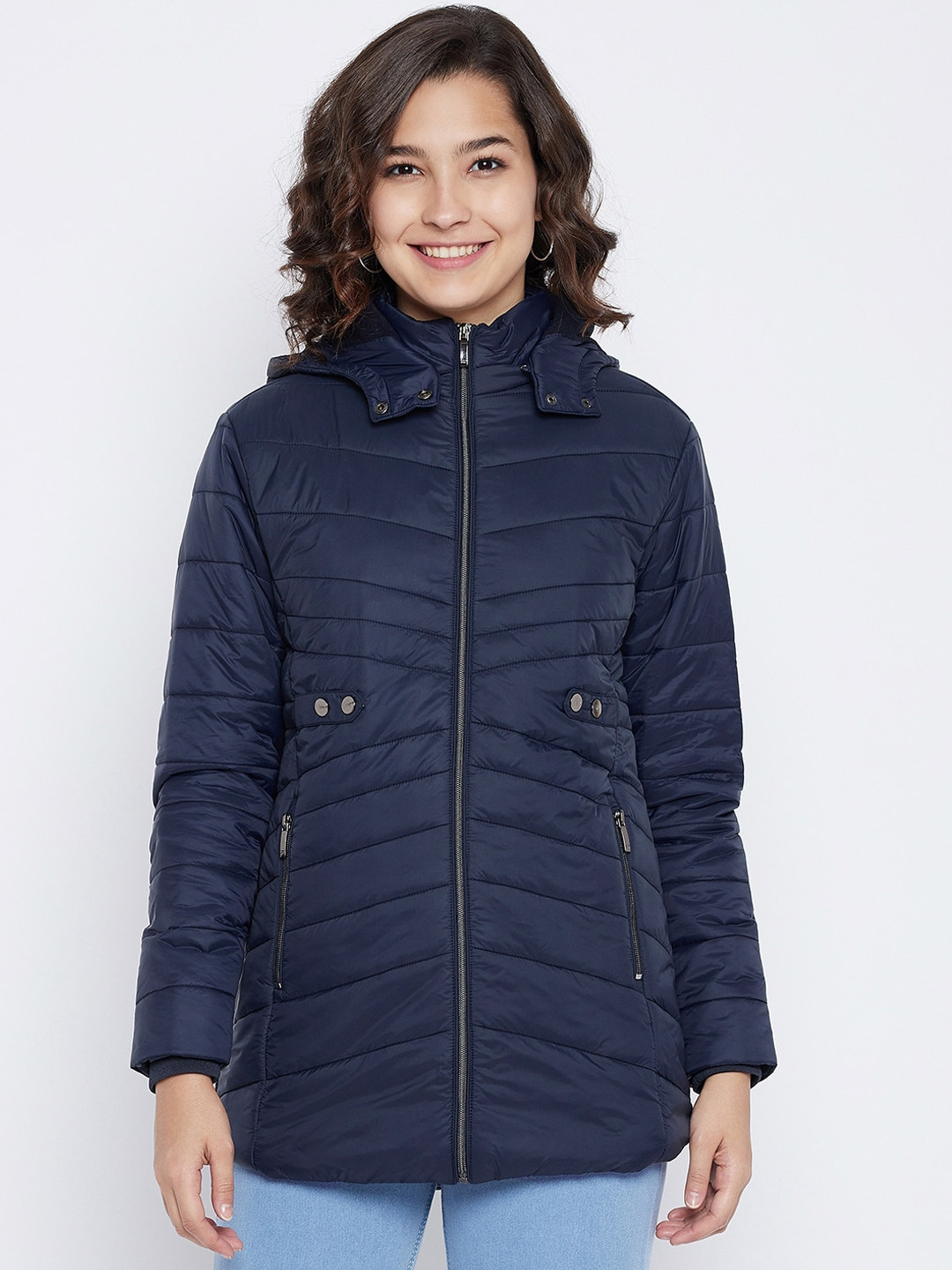 Buy Octave Women Navy Blue Longline Padded Jacket - Jackets for Women ...