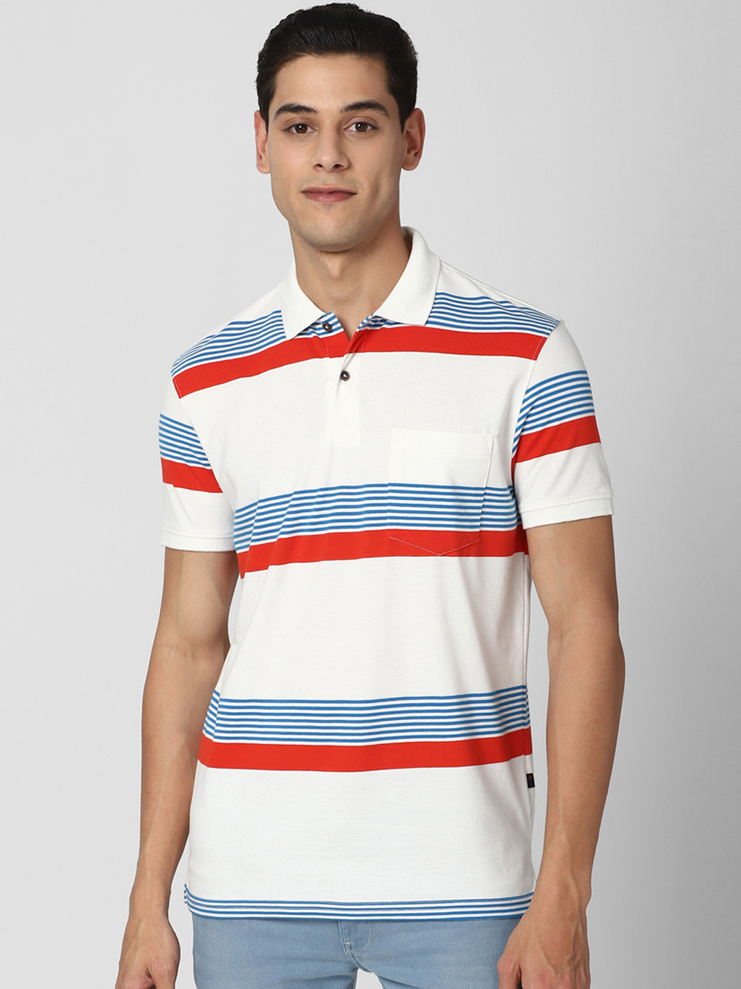 Buy Peter England Casuals Men White Striped Polo Collar Pockets Slim ...