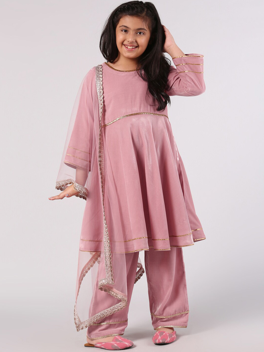 Buy Libas KIDS Girls Pink Regular Velvet Kurta With Palazzos & With Net ...