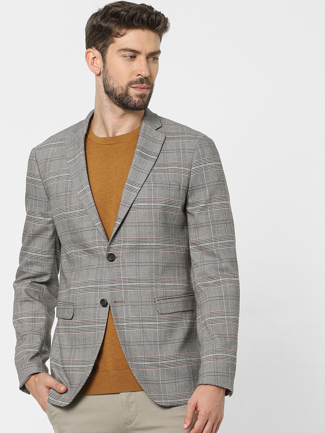 Buy SELECTED Men Grey Checked Single Breasted Blazer - Blazers for Men ...