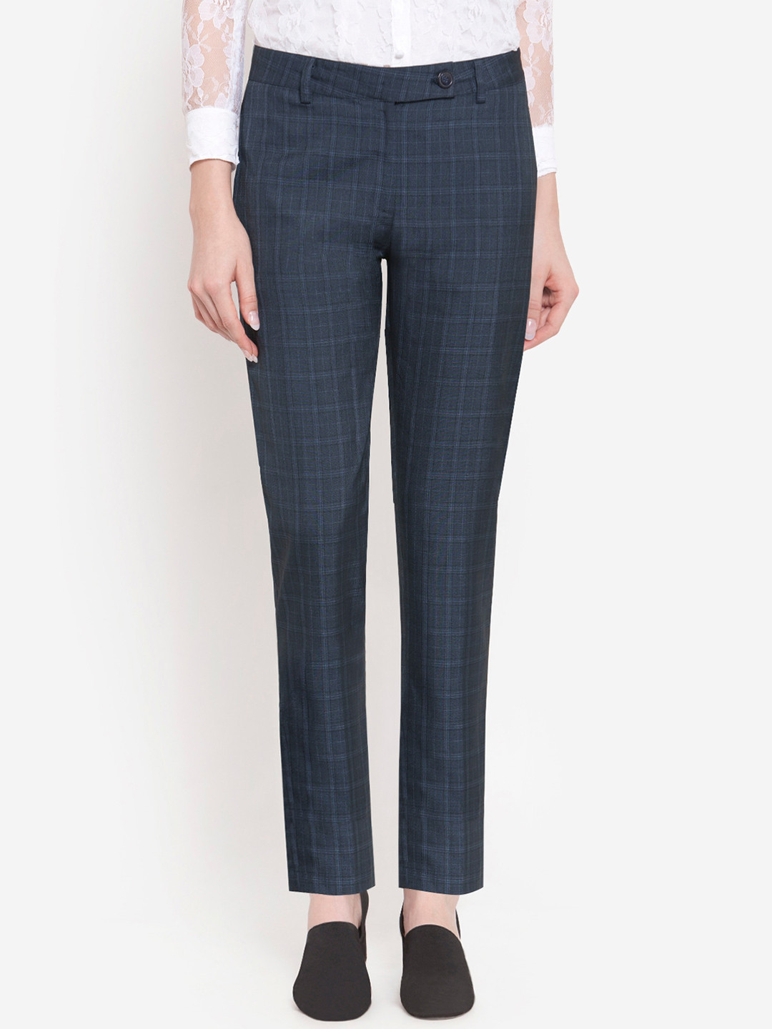 Buy Martini Women Blue Checked Straight Fit Easy Wash Formal Trousers ...