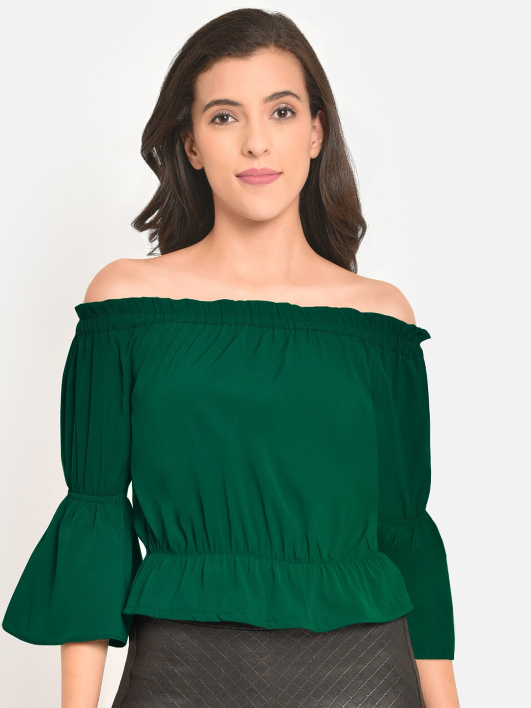 Buy Martini Green Off Shoulder Crepe Bardot Top - Tops for Women ...