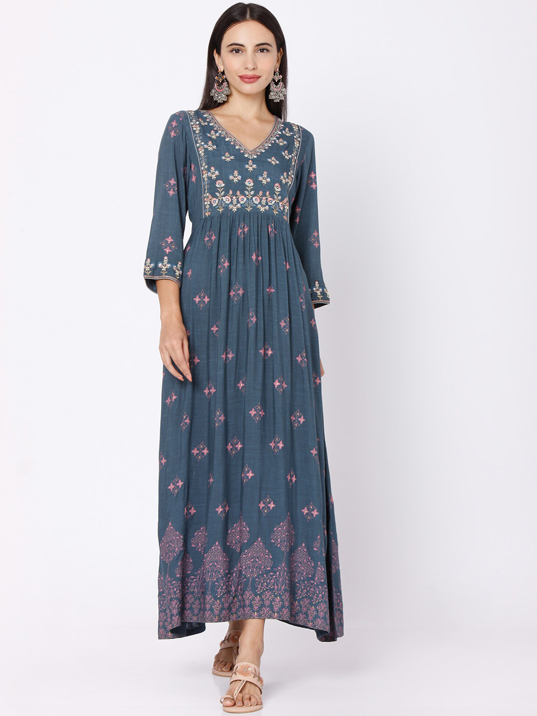 Buy Ojas Designs Grey Ethnic Motifs Printed Maxi Dress - Dresses for ...