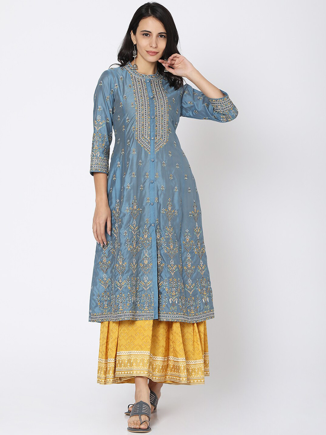 Buy Ojas Designs Grey & Yellow Ethnic Motifs Ethnic Maxi Dress - Ethnic ...