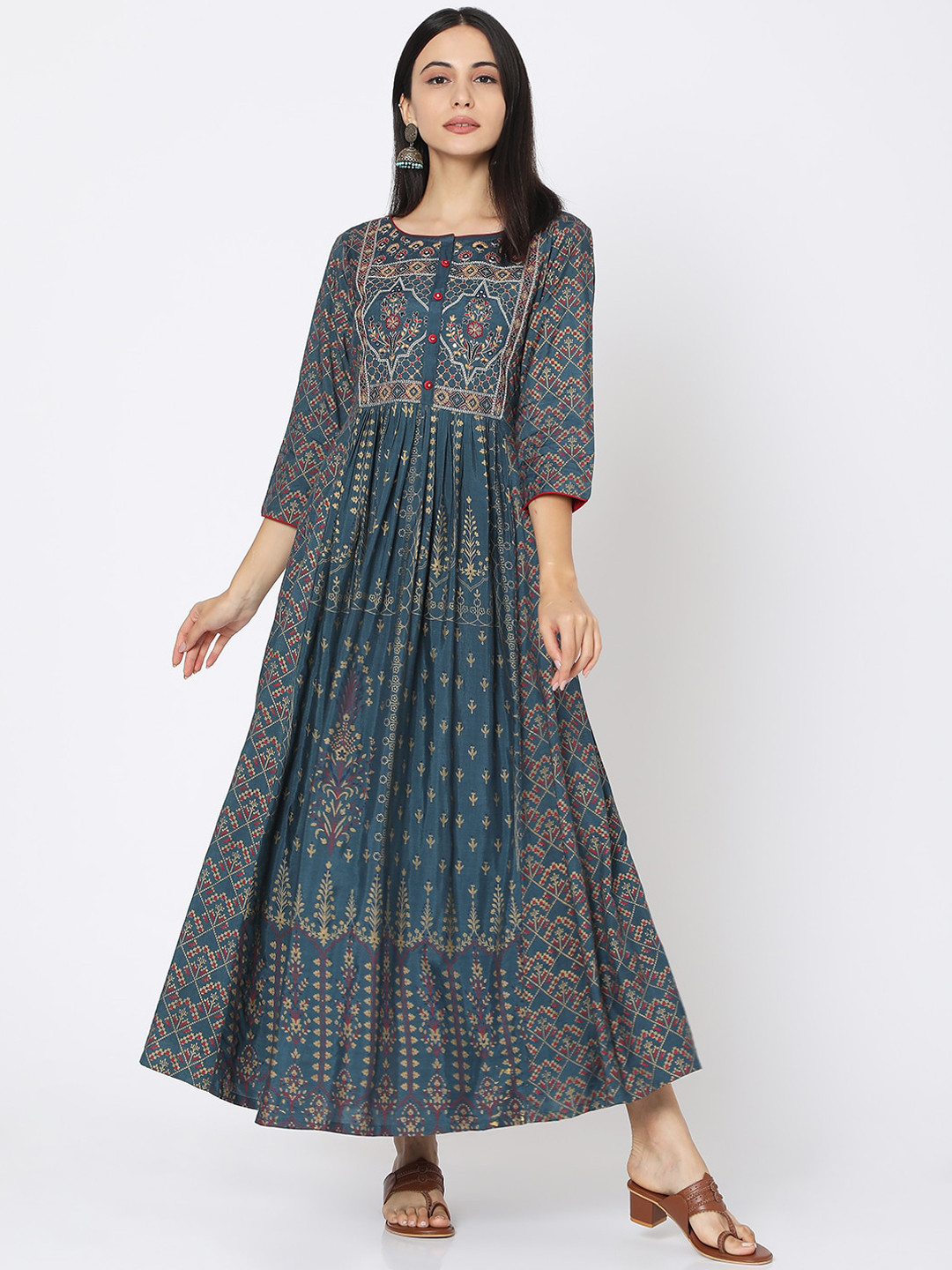 Buy Ojas Designs Blue Ethnic Motifs Printed & Embroidered Maxi Dress ...