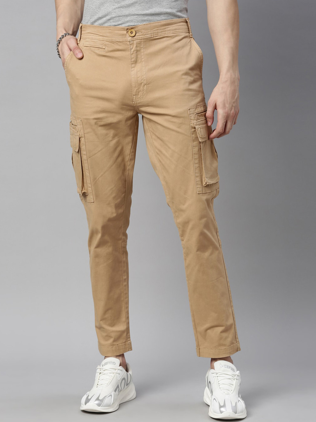 Buy Breakbounce Men Beige Urban Slim Fit Cargos Trousers - Trousers for ...