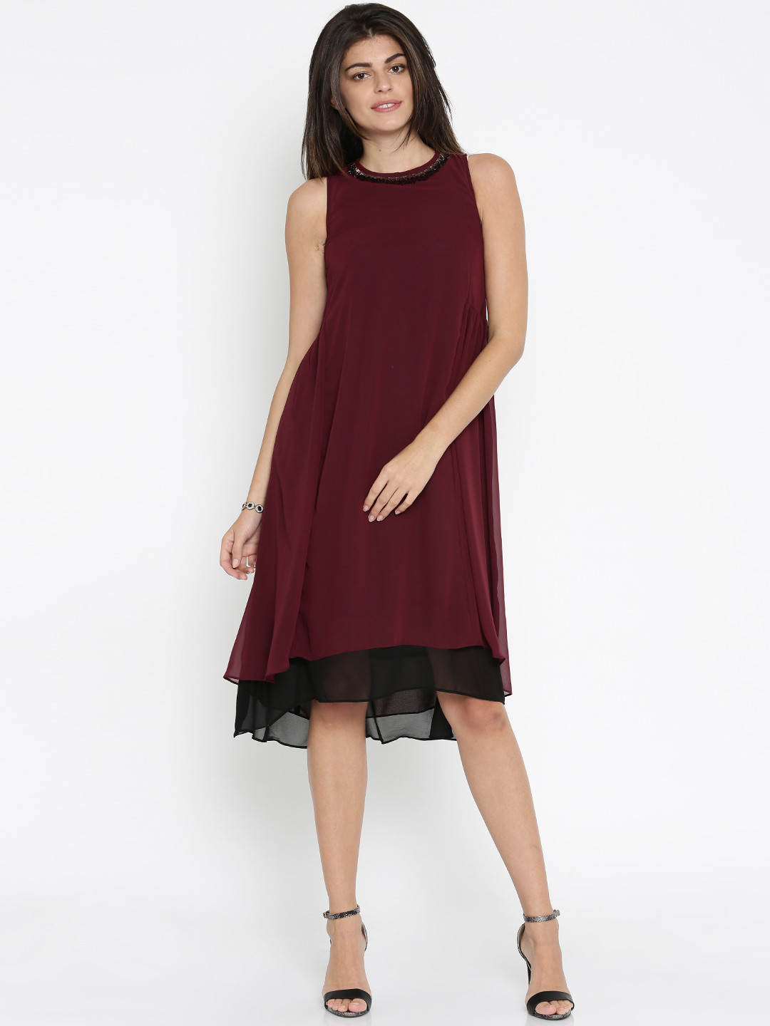Buy AND Women Maroon Solid Layered A Line Dress - Dresses for Women ...