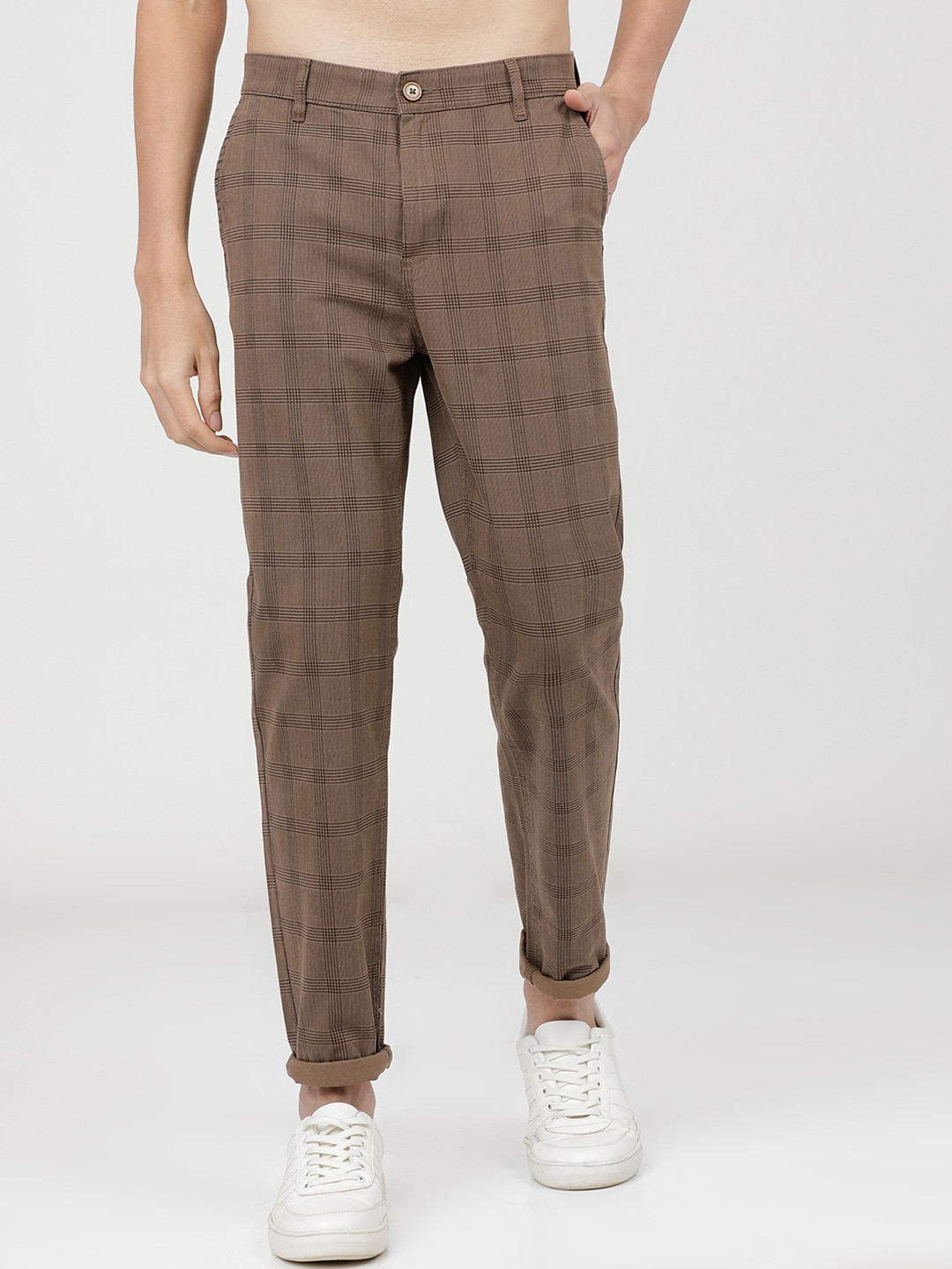 Buy KETCH Men Brown Checked Slim Fit Easy Wash Cotton Trousers ...
