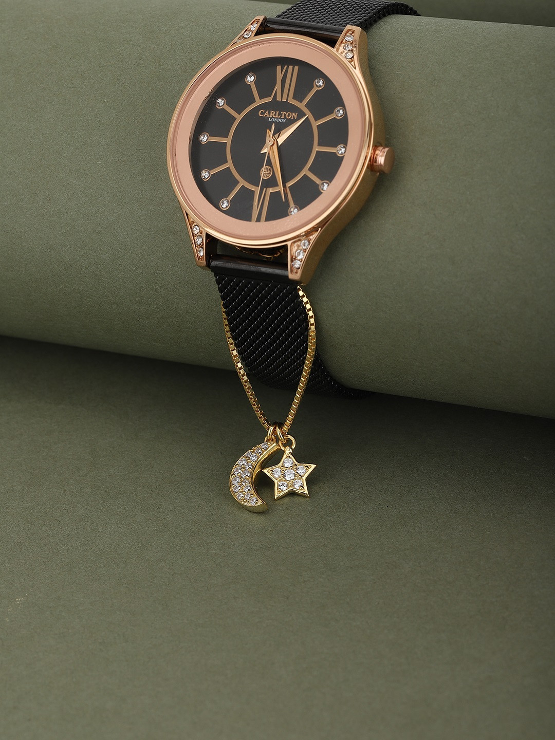 Buy Carlton London Gold Toned Crystal Studded Star & Moon Shaped Watch ...