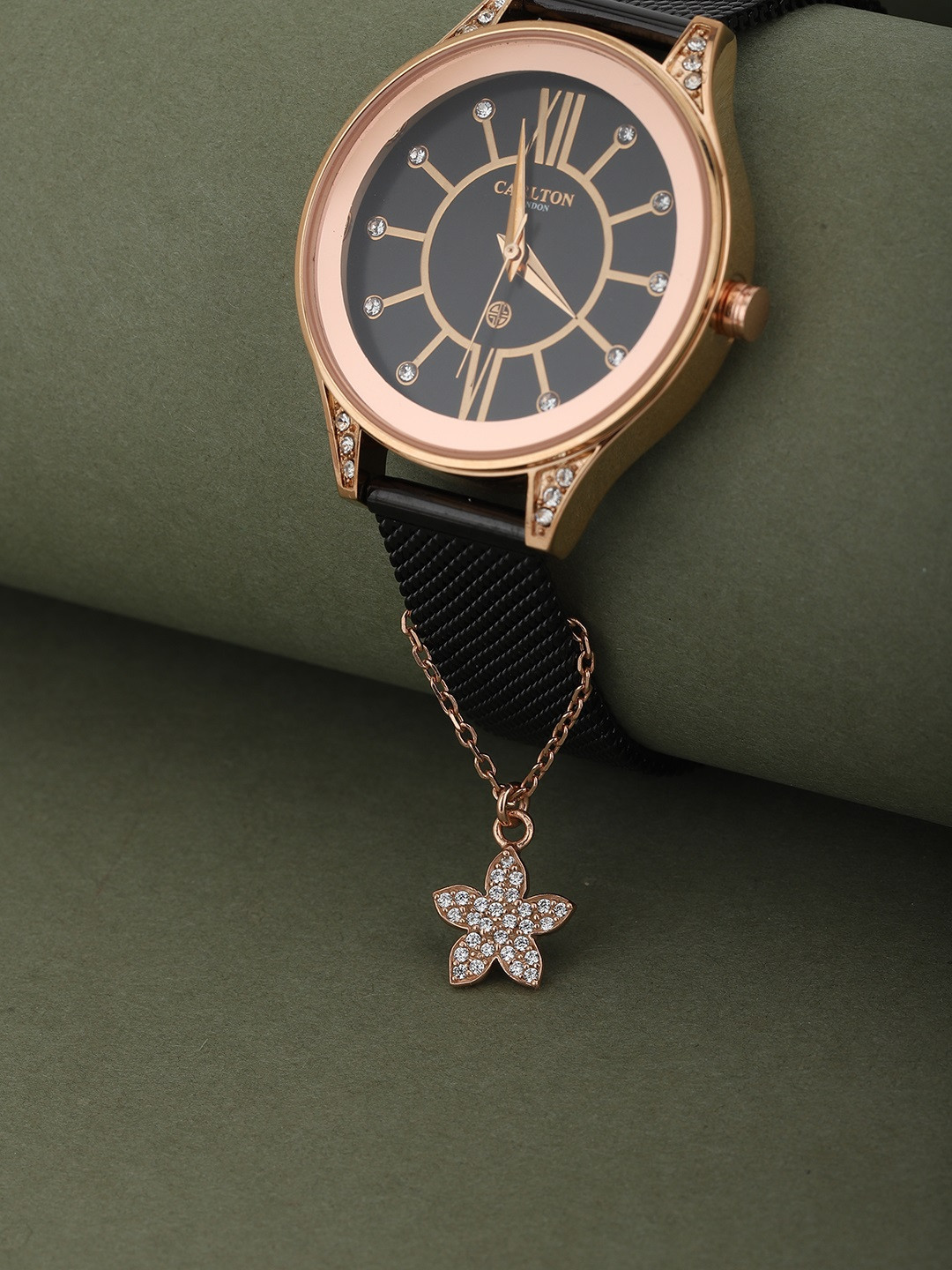 Buy Carlton London Rose Gold Toned Crystal Studded Star Shaped Watch ...