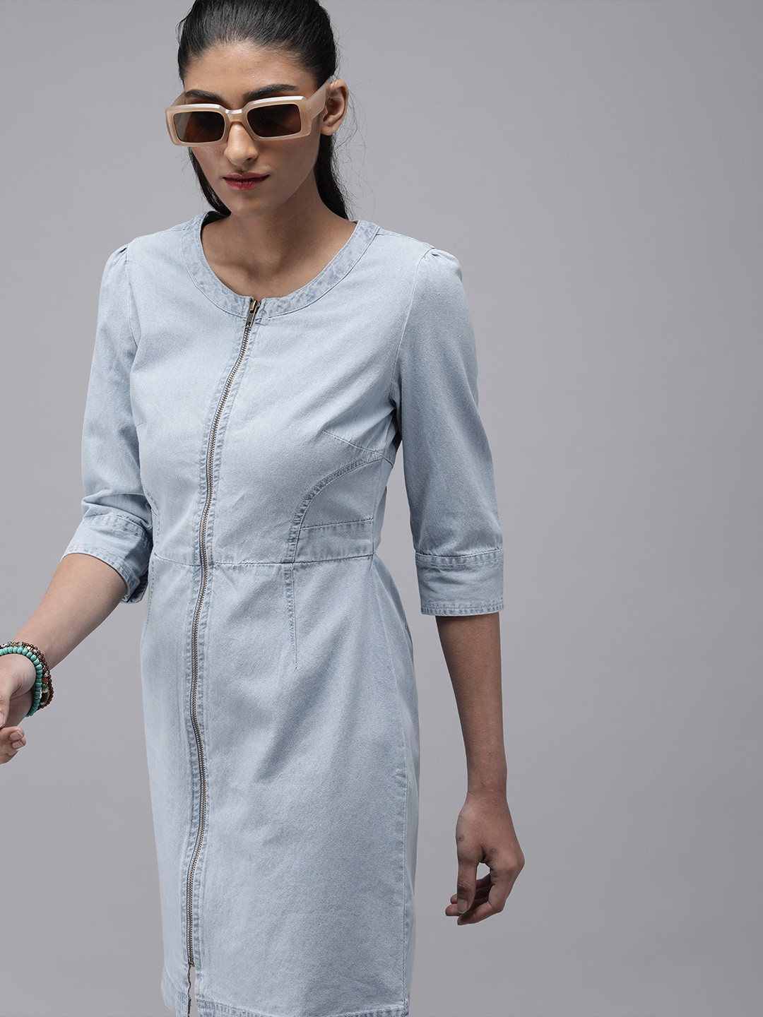 Buy The Roadster Lifestyle Co Women Blue Denim Pure Cotton Sheath Dress ...