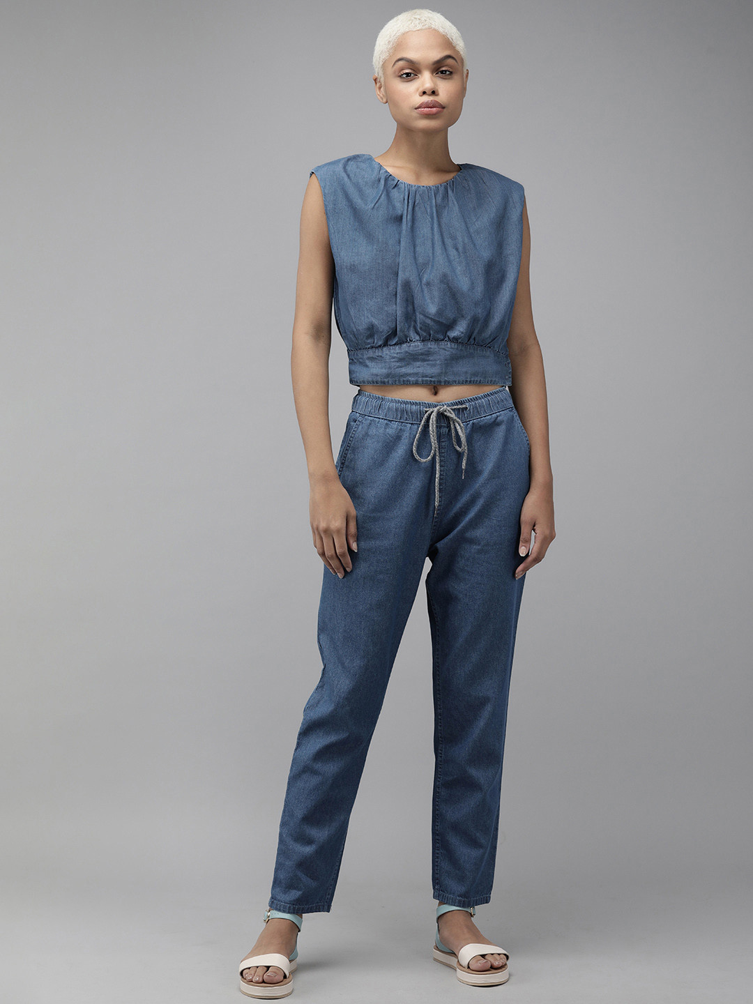 Buy The Roadster Lifestyle Co Women Blue Solid Denim Co Ord Set - Co ...
