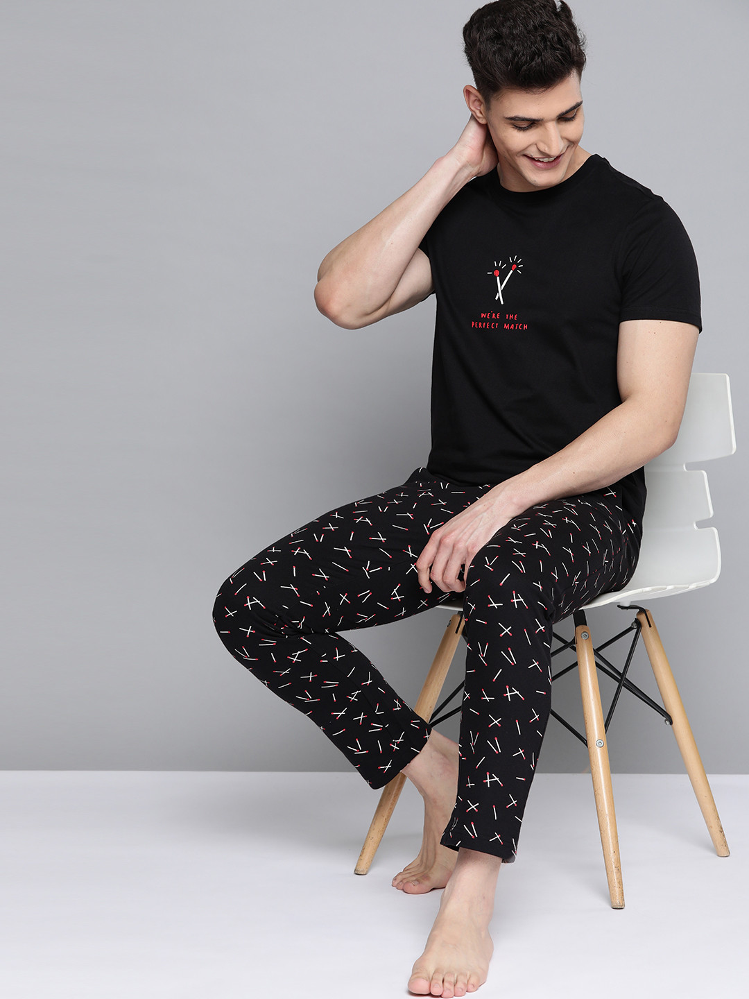 Buy Mast & Harbour Men Black & Red Pure Cotton Printed Pyjama Set ...