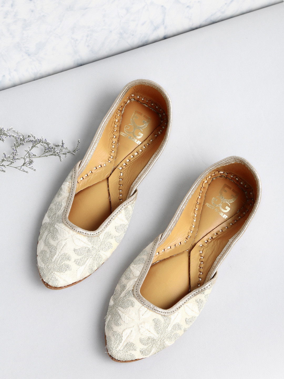 Buy Fizzy Goblet Women Muted Gold Toned Embroidered Leather Flat Shoes ...