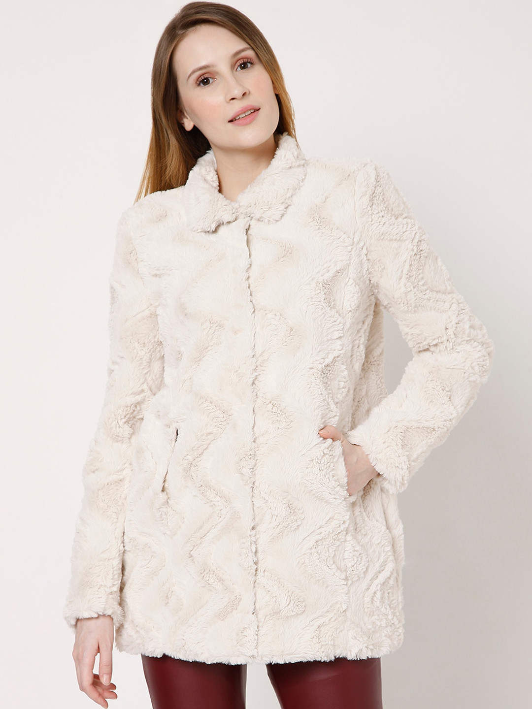 Buy Vero Moda Women Beige Longline Faux Fur Jacket - Jackets for Women ...