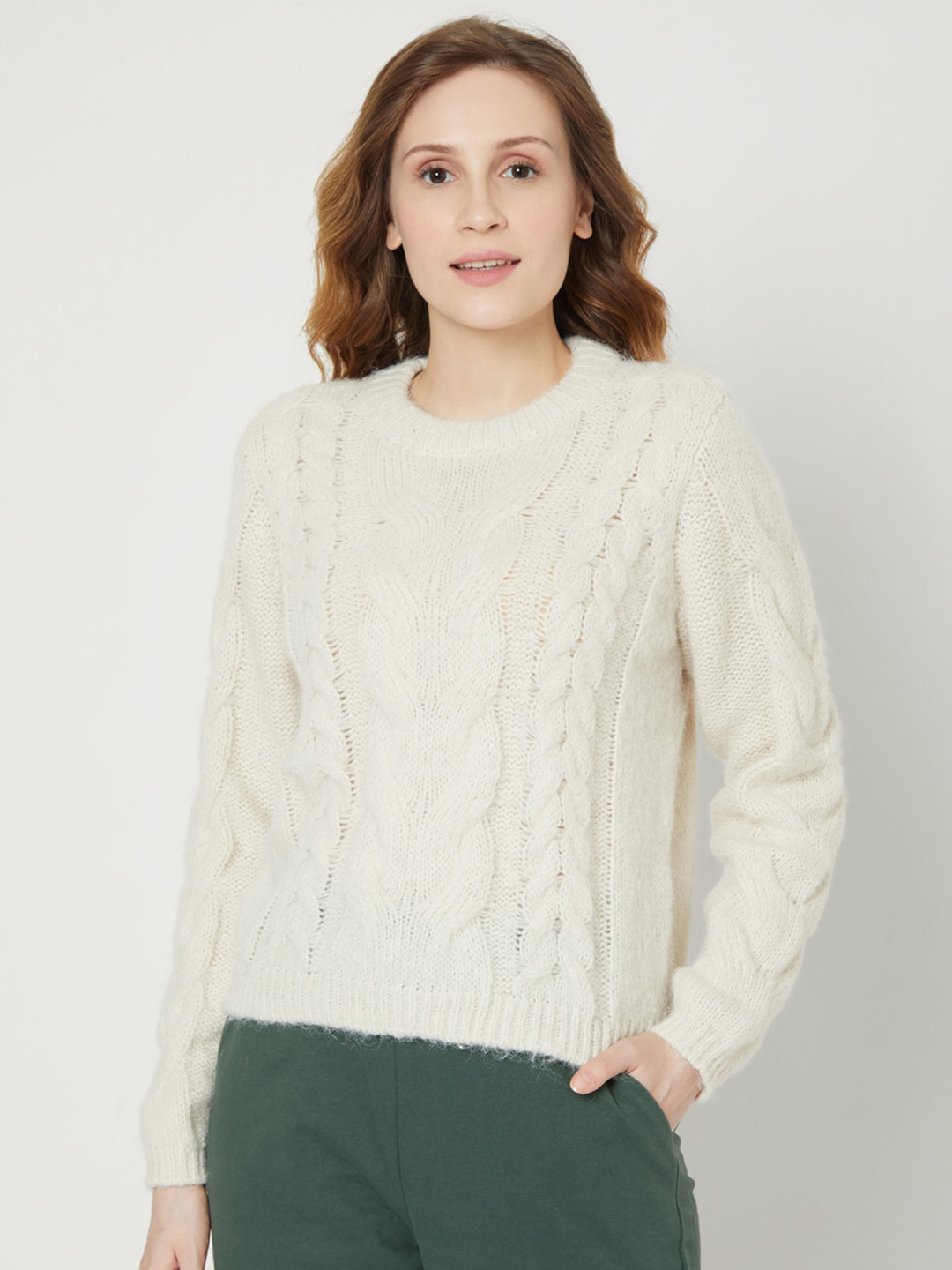 Buy Vero Moda Women Off White Cable Knit Sweater - Sweaters for Women ...