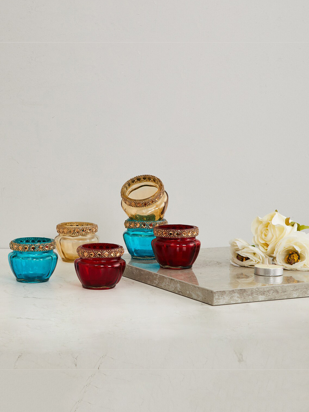 Buy Home Centre Set Of 6 Multicolored Glass T Light Holders - Candle ...