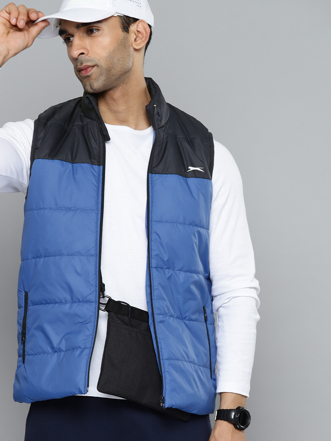 Buy Slazenger Men Blue & Black Colourblocked Sleeveless Padded Jacket ...