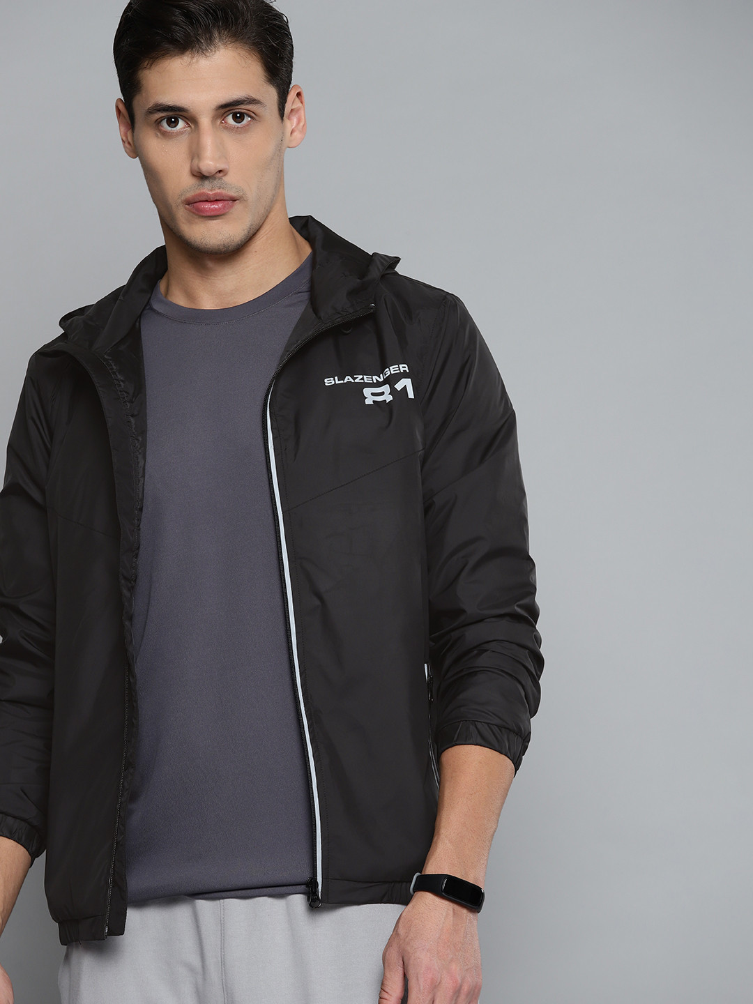 Buy Slazenger Men Black Hooded Running Rapid Dry Jacket With Printed ...