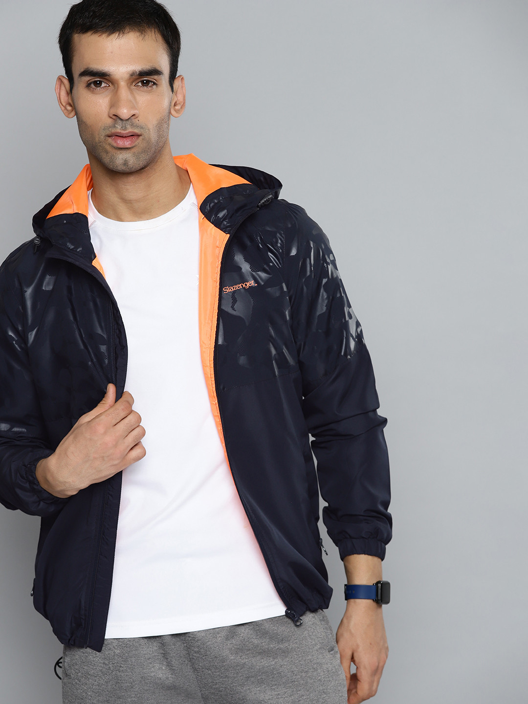 Buy Slazenger Men Navy Blue Camouflage Print Hooded Running Rapid Dry ...