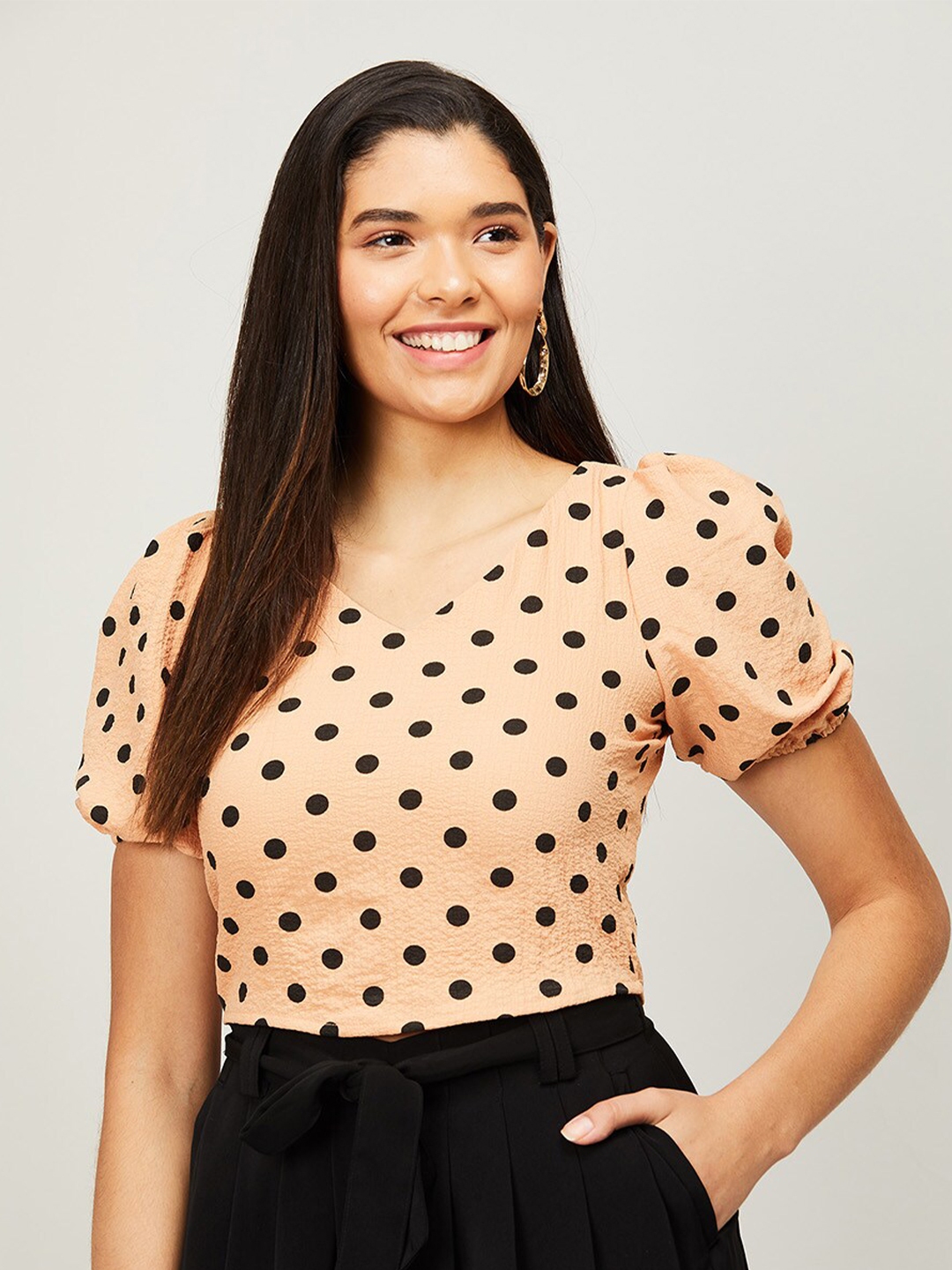 Buy Ginger By Lifestyle Peach Coloured And Polka Dots Printed Regular Top