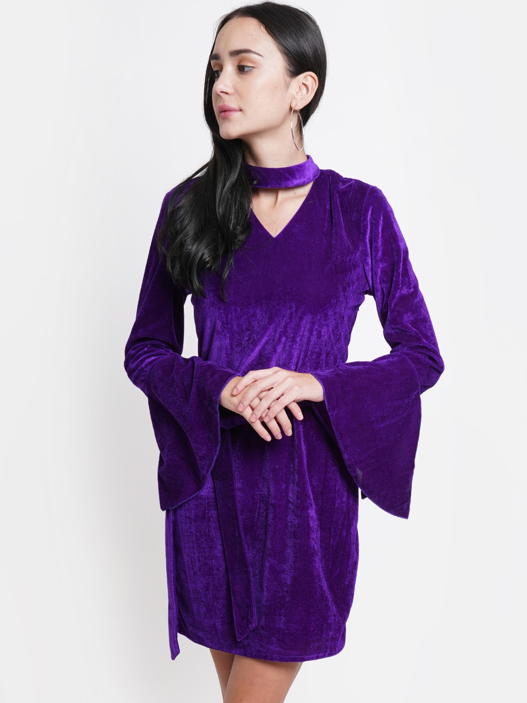 Buy DODO & MOA Purple Solid Choker Neck Velvet Party Dress - Dresses ...