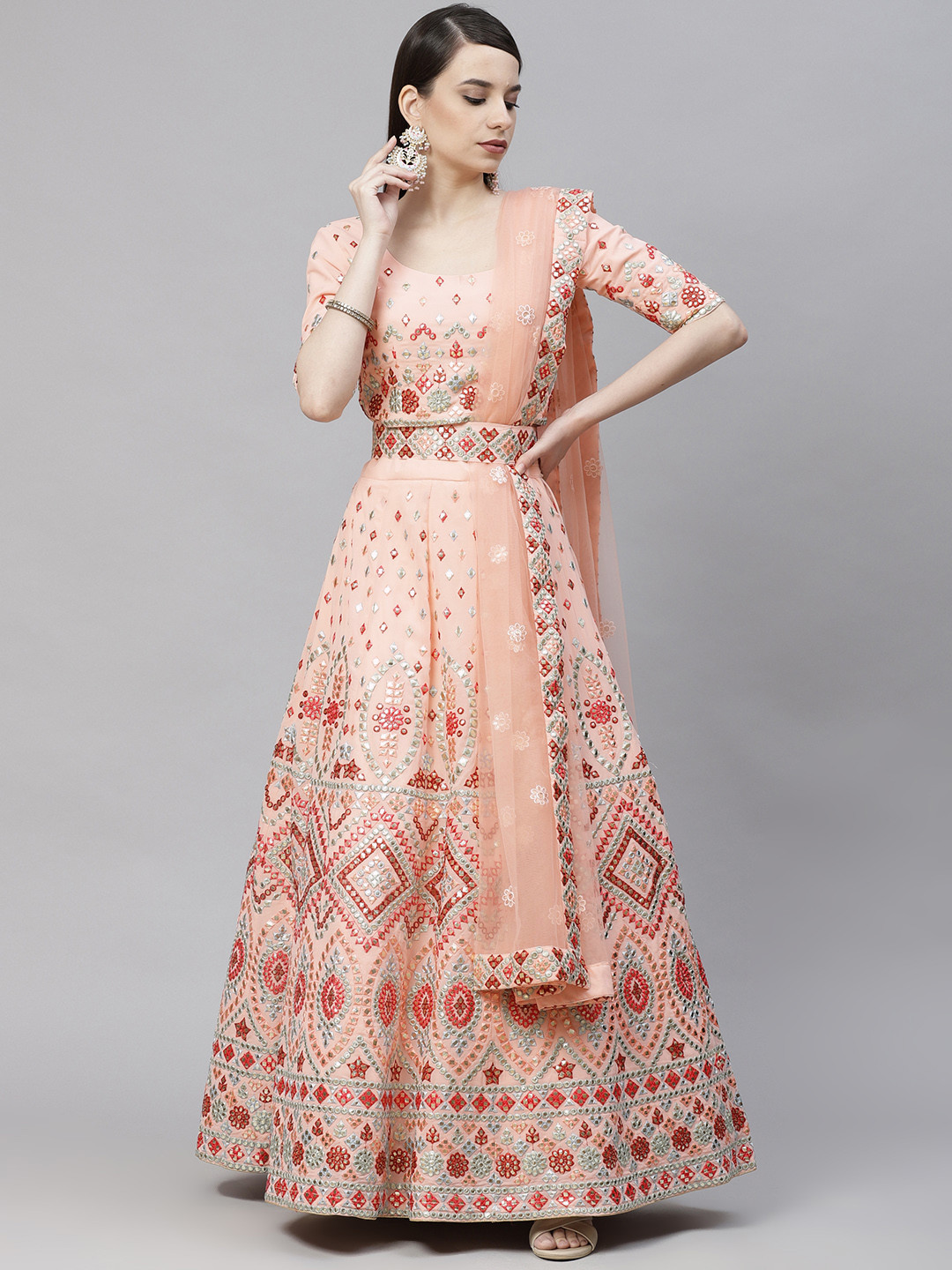 Buy SHUBHKALA Pink & Embroidered Mirror Work Semi Stitched Lehenga ...