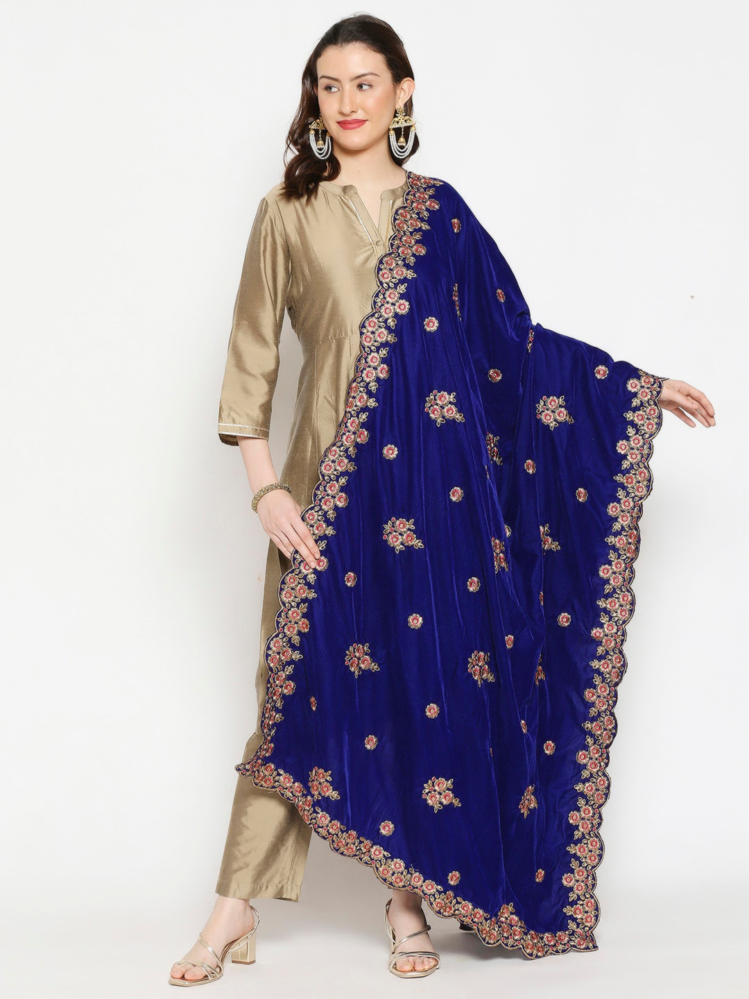 Buy Dupatta Bazaar Blue & Pink Embroidered Velvet Dupatta With Zardozi ...