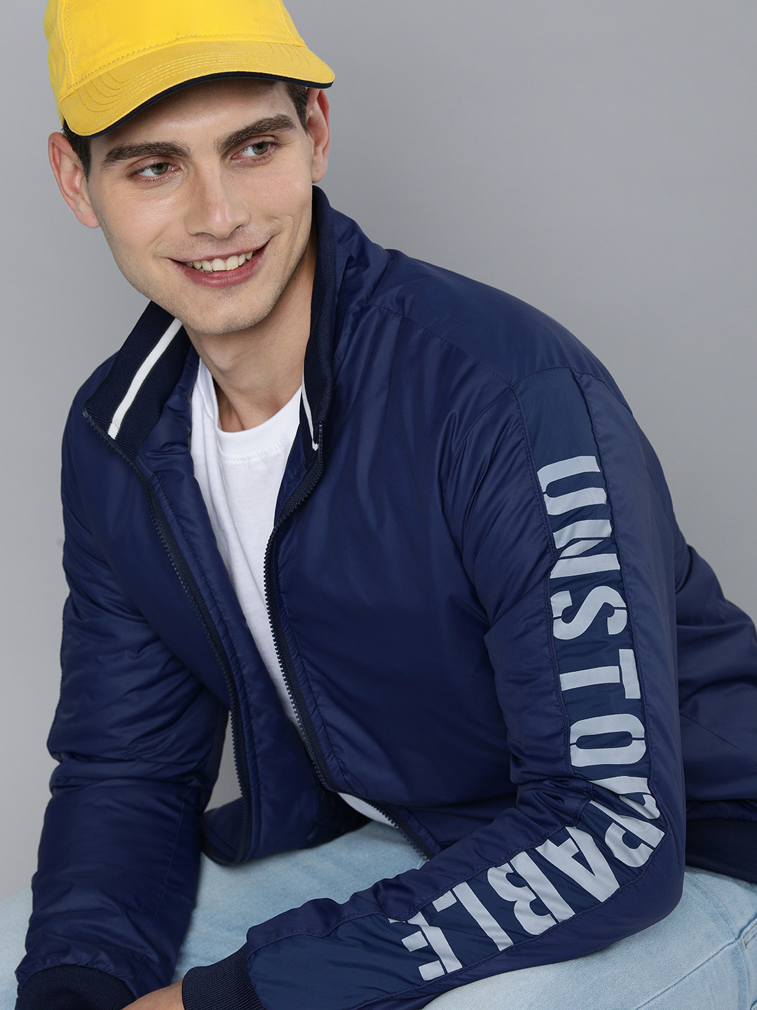 Buy HERE&NOW Men Navy Blue & White Printed Sporty Jacket - Jackets for ...