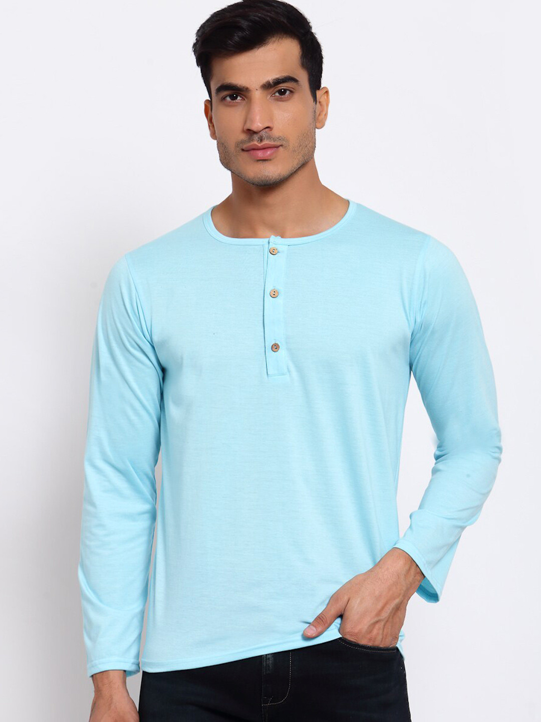Buy FERANOID Men Turquoise Blue Henley Neck Full Sleeve T Shirt ...