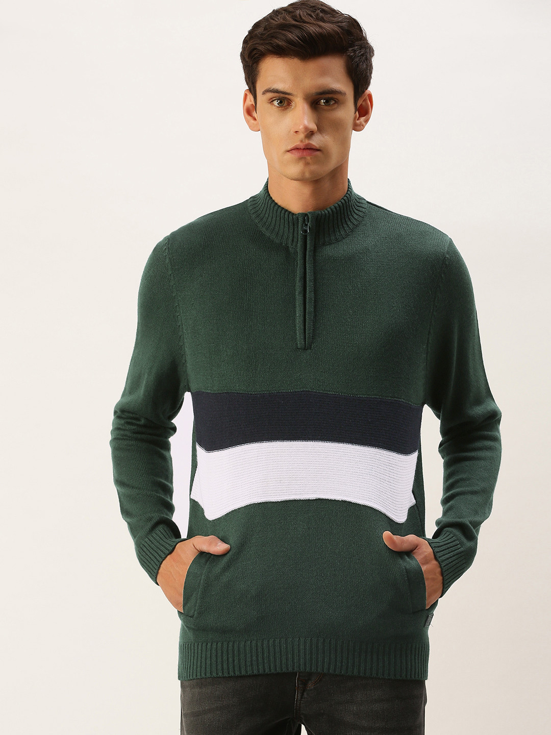 Buy Flying Machine Men Green & White Colourblocked Acrylic Pullover ...