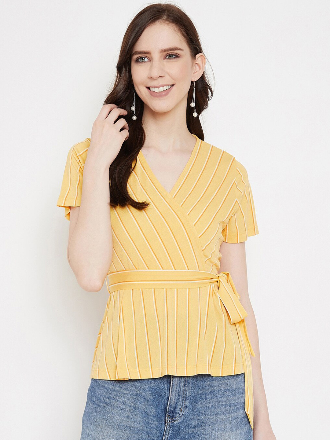 Buy Madame Yellow Striped Wrap Top - Tops for Women 15811594 | Myntra