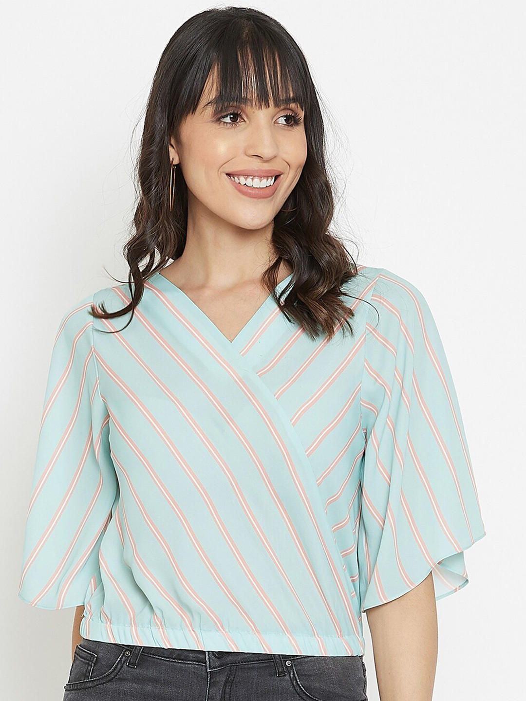 Buy Madame Blue & Pink Striped Wrap Top - Tops for Women 15811596 | Myntra