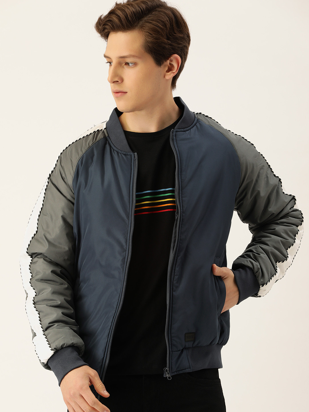 Buy Flying Machine Men Navy Blue & Grey Colourblocked Zip Detailed ...