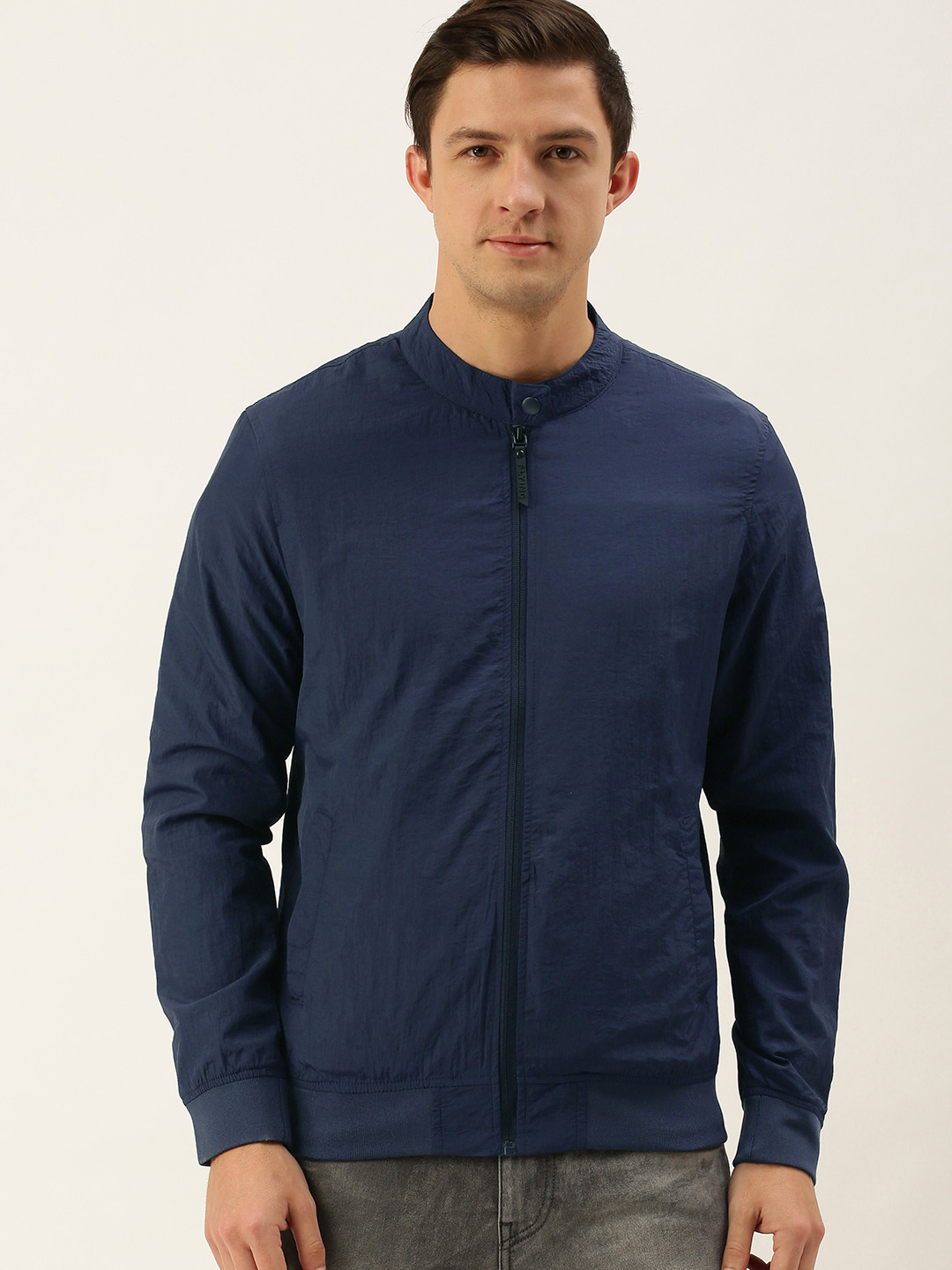 Buy Flying Machine Men Navy Blue Solid Windcheater Sporty Jacket ...