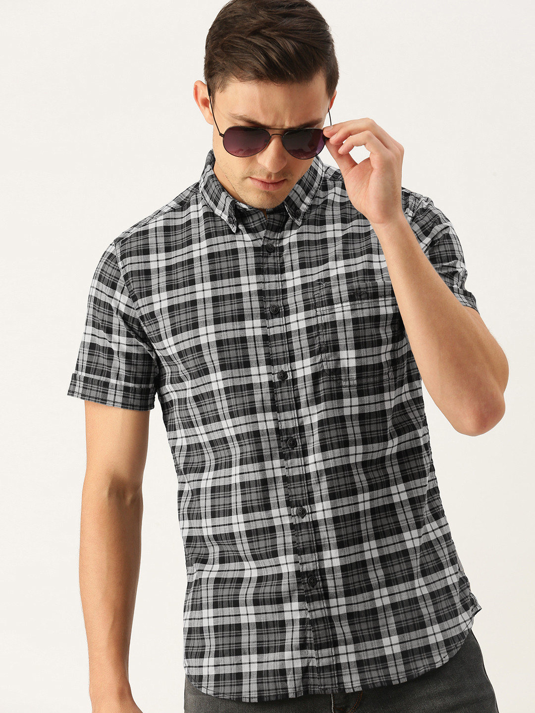 Buy Flying Machine Men Grey & White Slim Fit Checked Casual Shirt ...