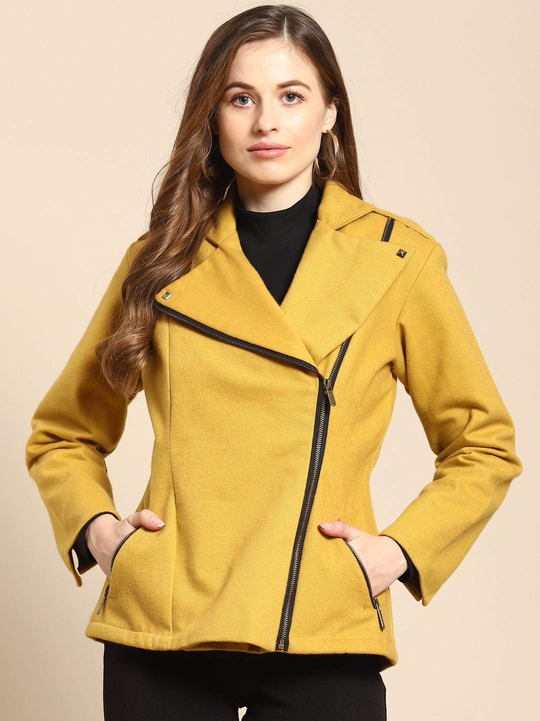 Buy WoowZerz Women Mustard Yellow Asymmetric Closure Tailored Jacket ...