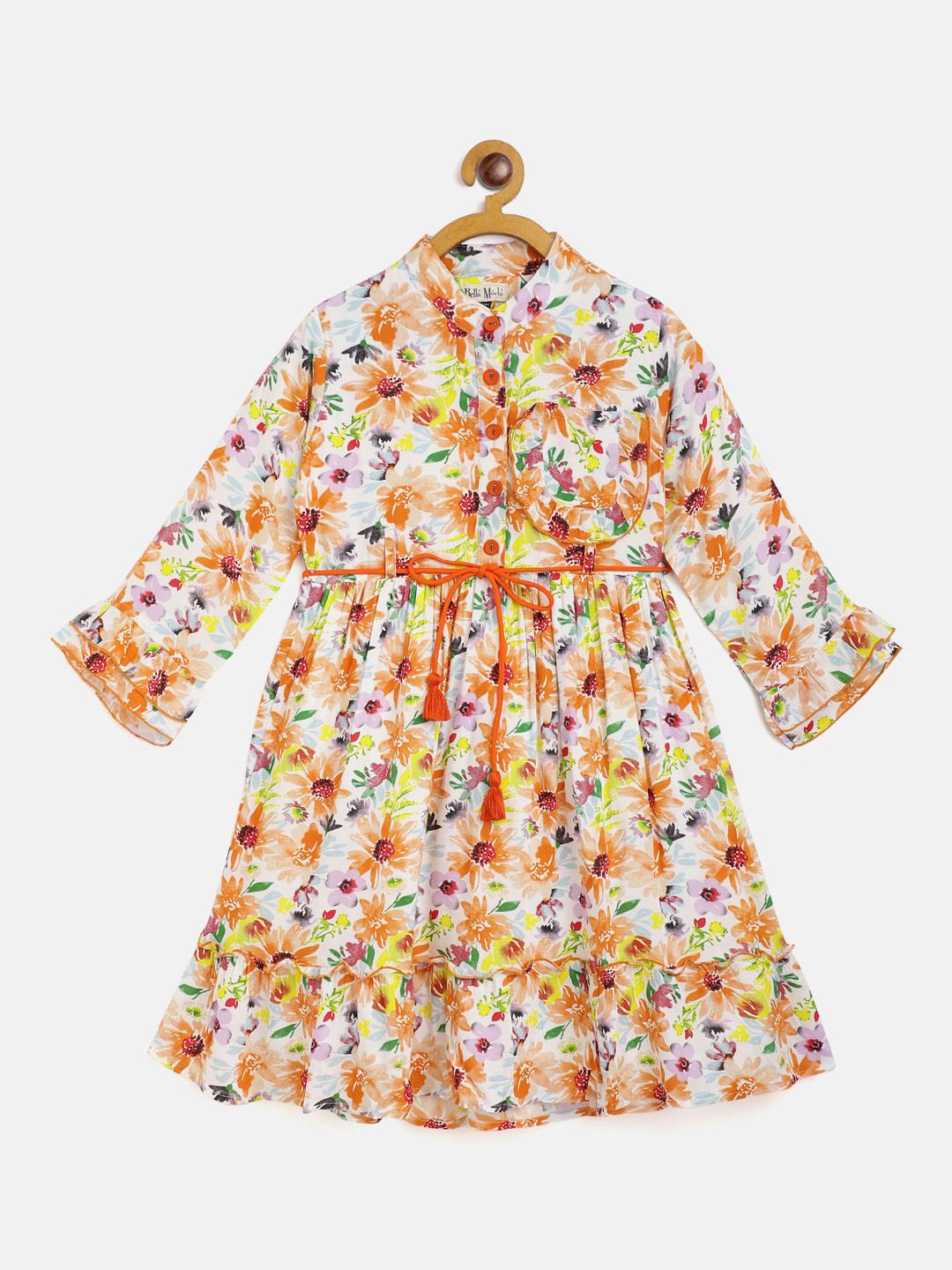 Buy Bella Moda Girls White & Orange Floral Fit And Flare Dress ...