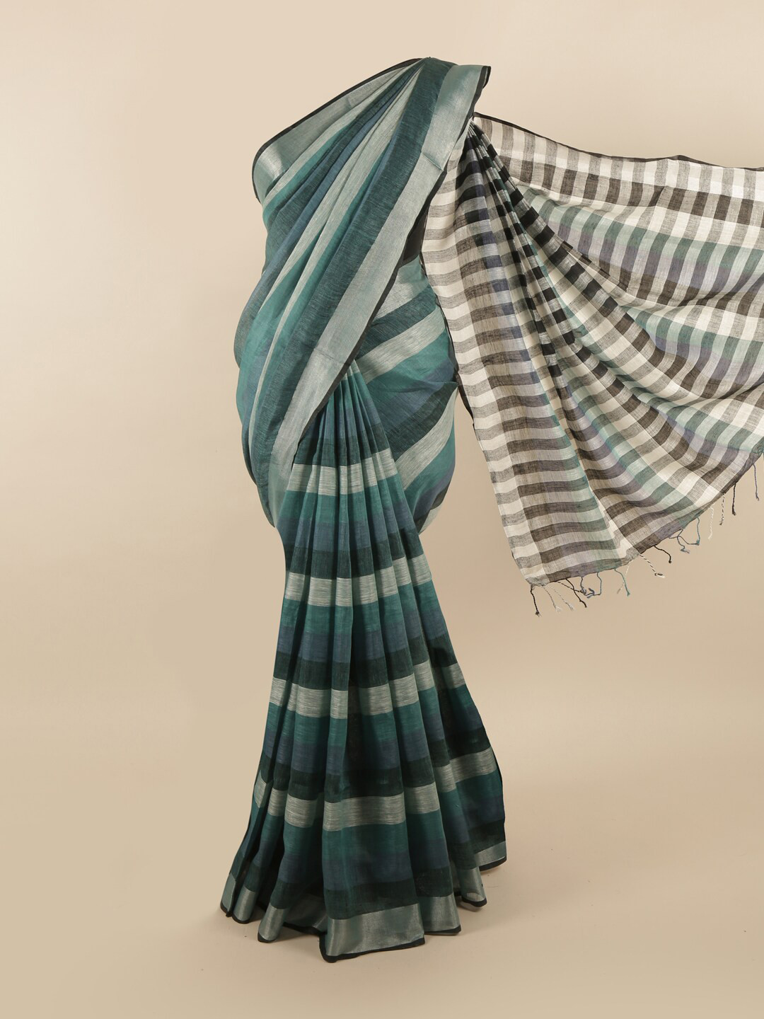 Buy Pothys Green & Silver Toned Striped Linen Blend Saree - Sarees for ...
