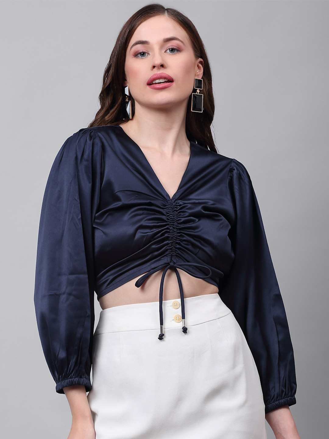 Buy NEUDIS Navy Blue Ruched Satin Crop Top - Tops for Women 15817618 | Myntra