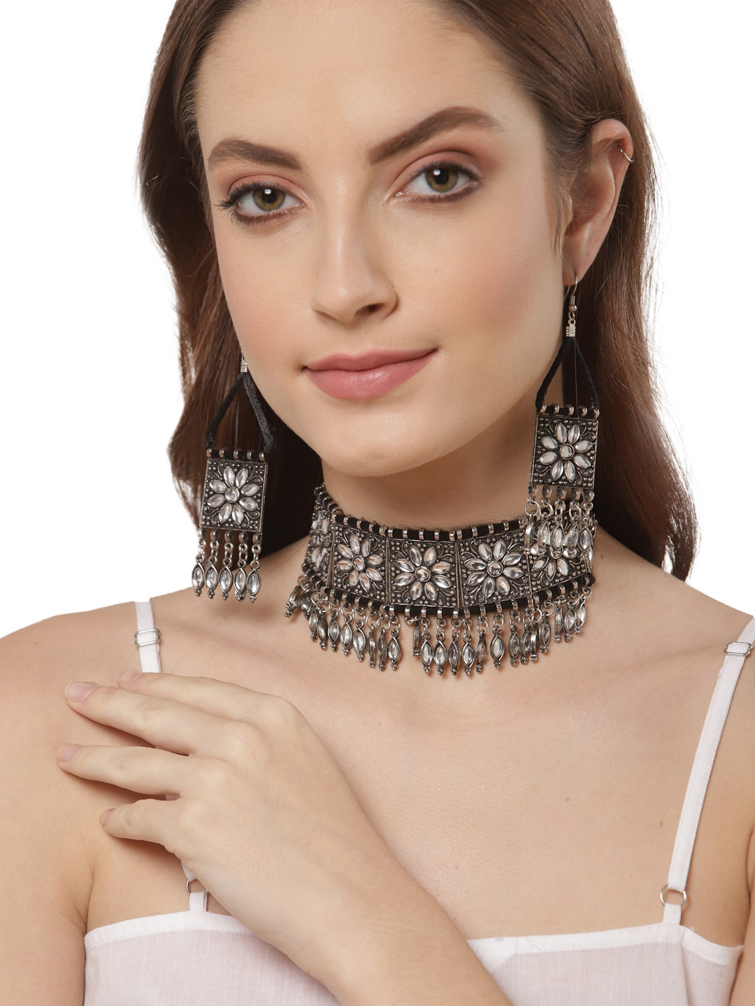 Buy Shining Diva Silver Plated Oxidised White Stone Studded Jewellery ...