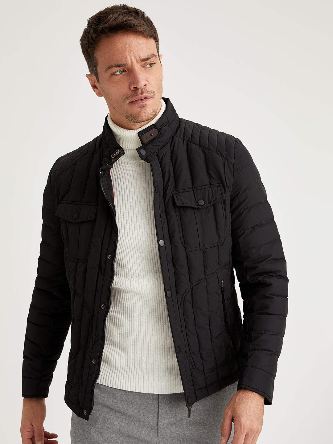 Buy DeFacto Men Black Slim Fit Solid Quilted Jacket - Jackets for Men ...