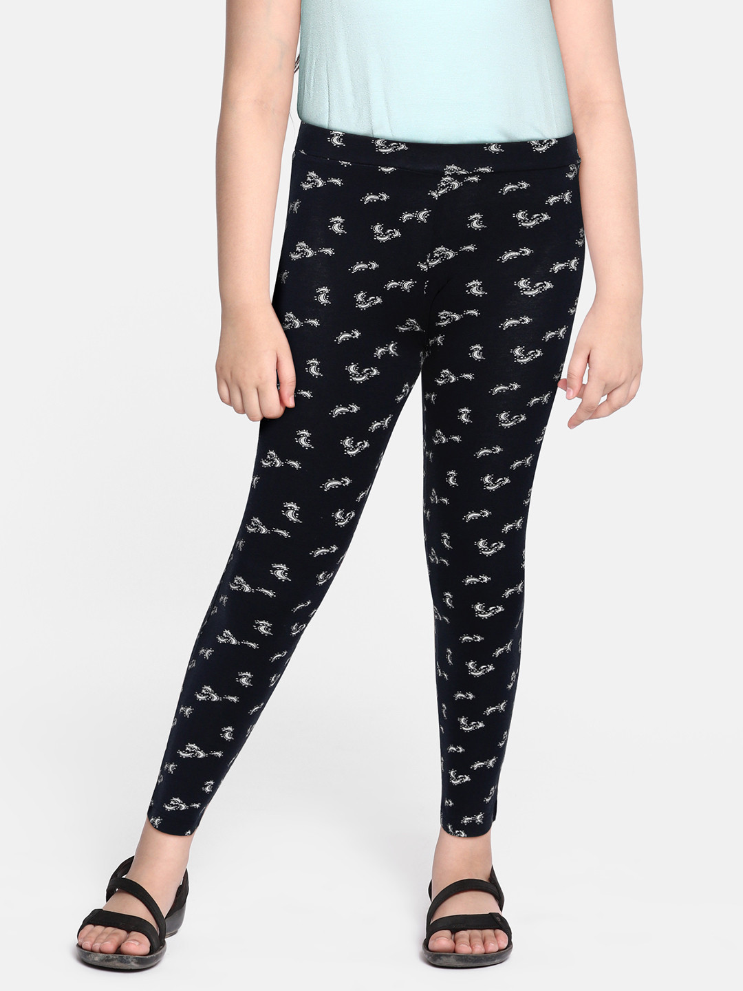 Buy HERE&NOW Girls Navy Blue Printed Leggings - Leggings for Girls ...